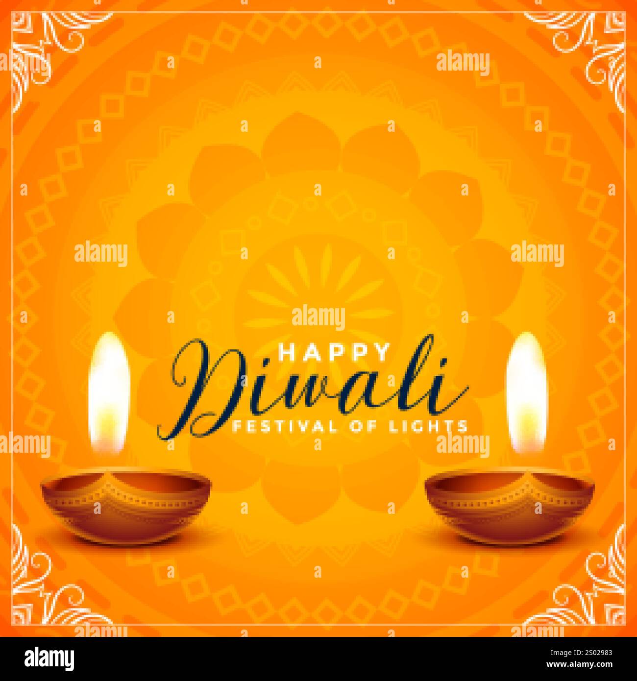 happy diwali orange background with realistic diya design Stock Vector ...