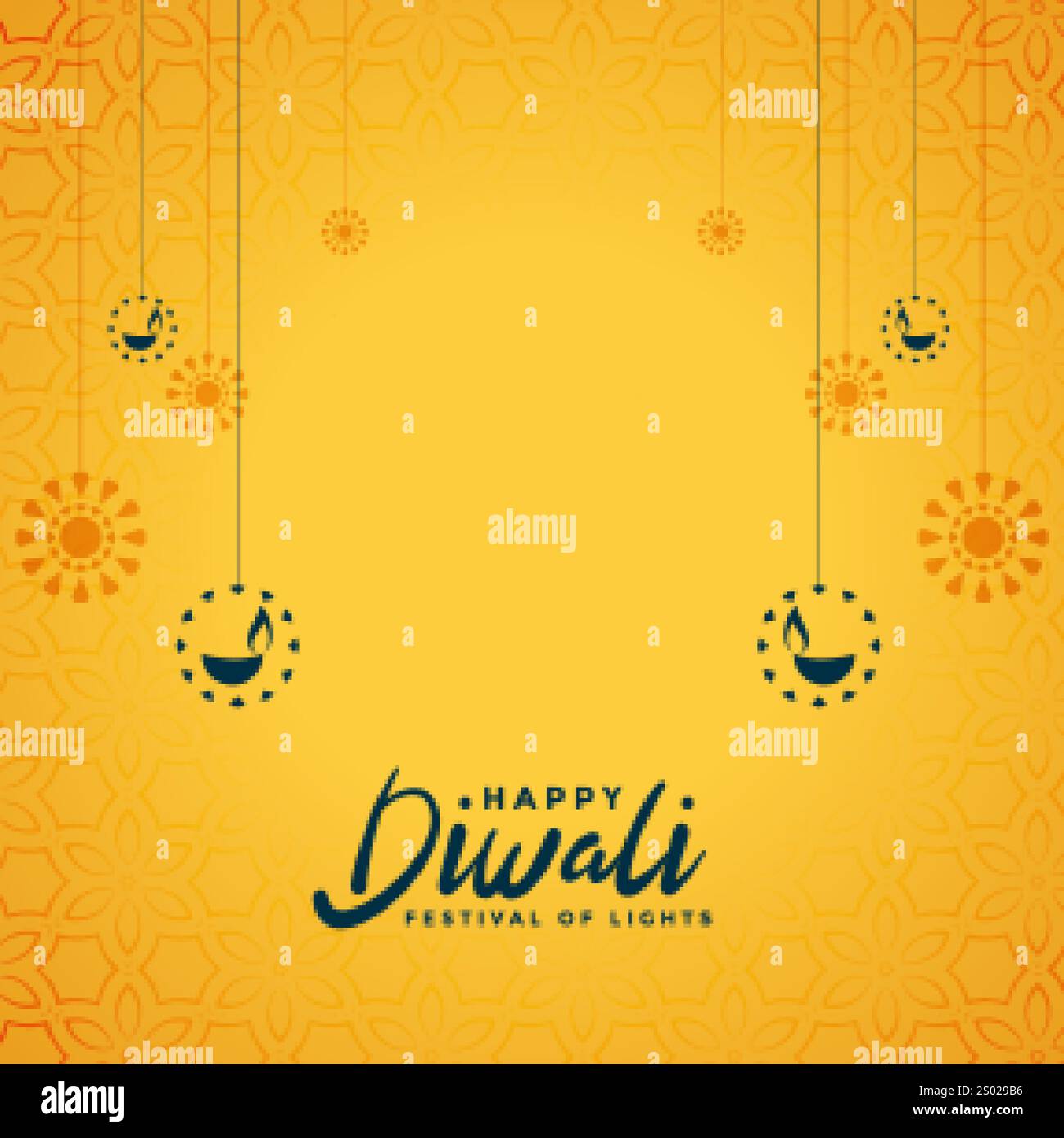 happy diwali yellow background with flat hanging diya design Stock ...