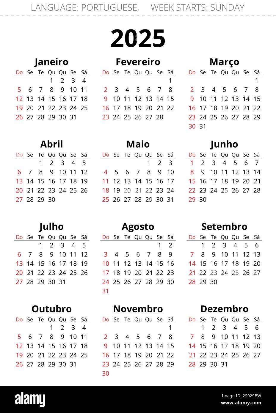 PORTUGUESE calendar for 2025 year. Printable vector illustration in for ...