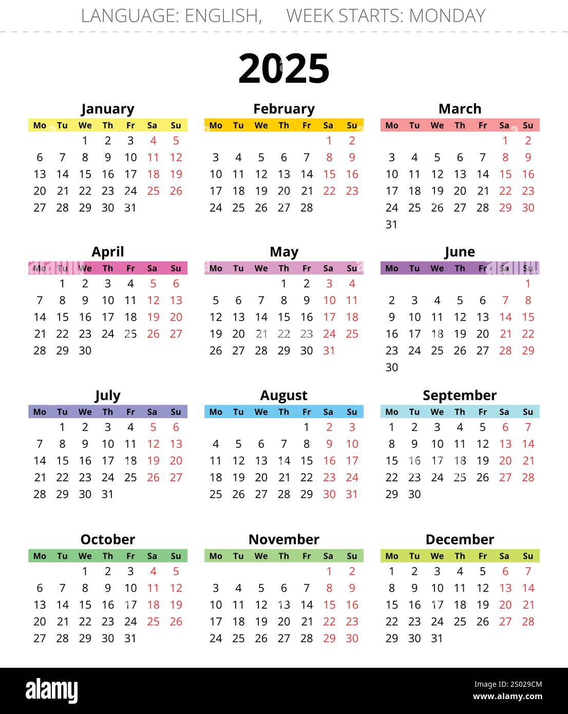 2025 year english calendar with multi colors. Vector illustration. Week ...