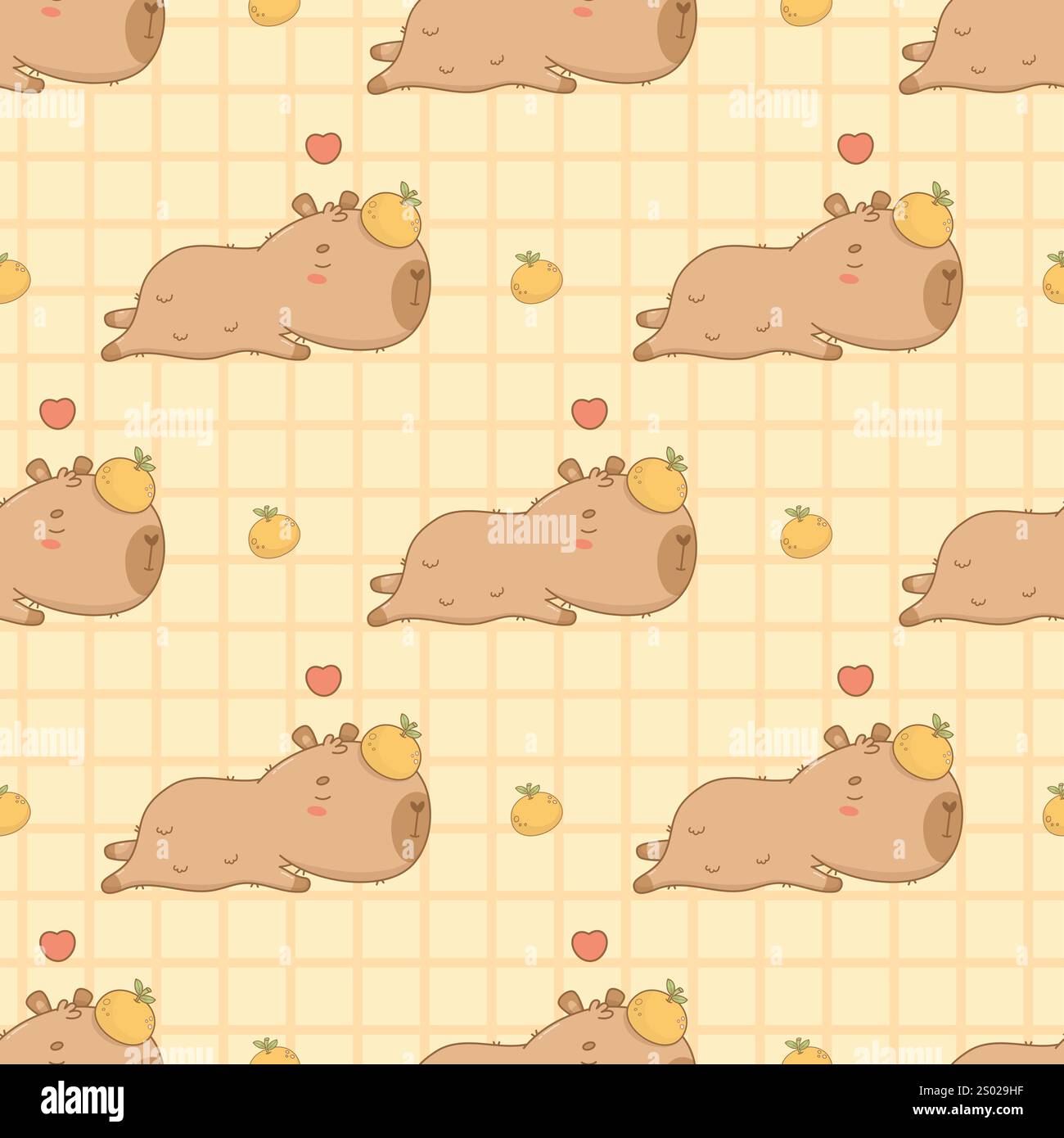 Seamless pattern. Cute sleeping Capybara with tangerine on yellow checkered background. Funny ...