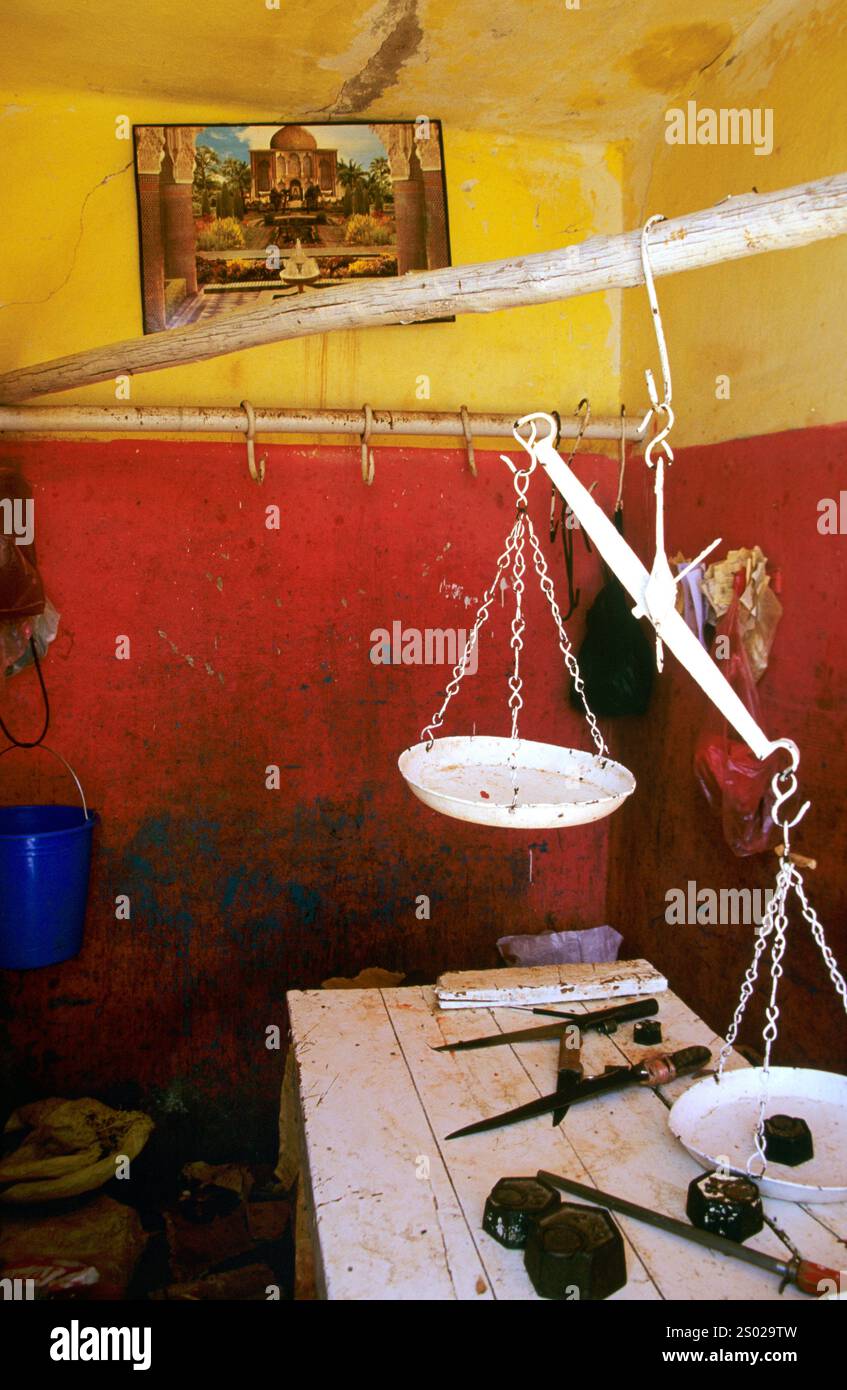 Rustic butcher shop in Morocco with a traditional balance scale ...