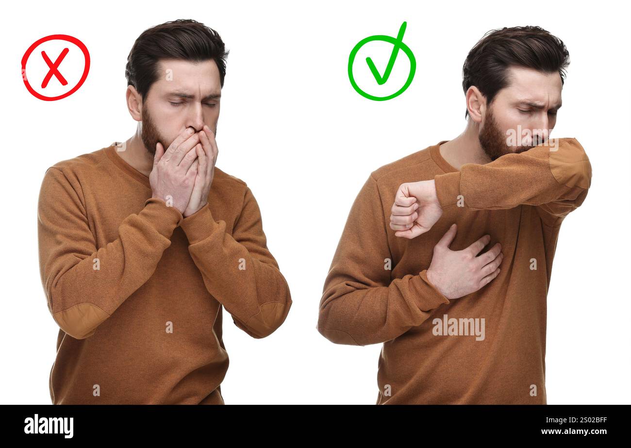 Cough etiquette, cover mouth with elbow to prevent disease spreading ...