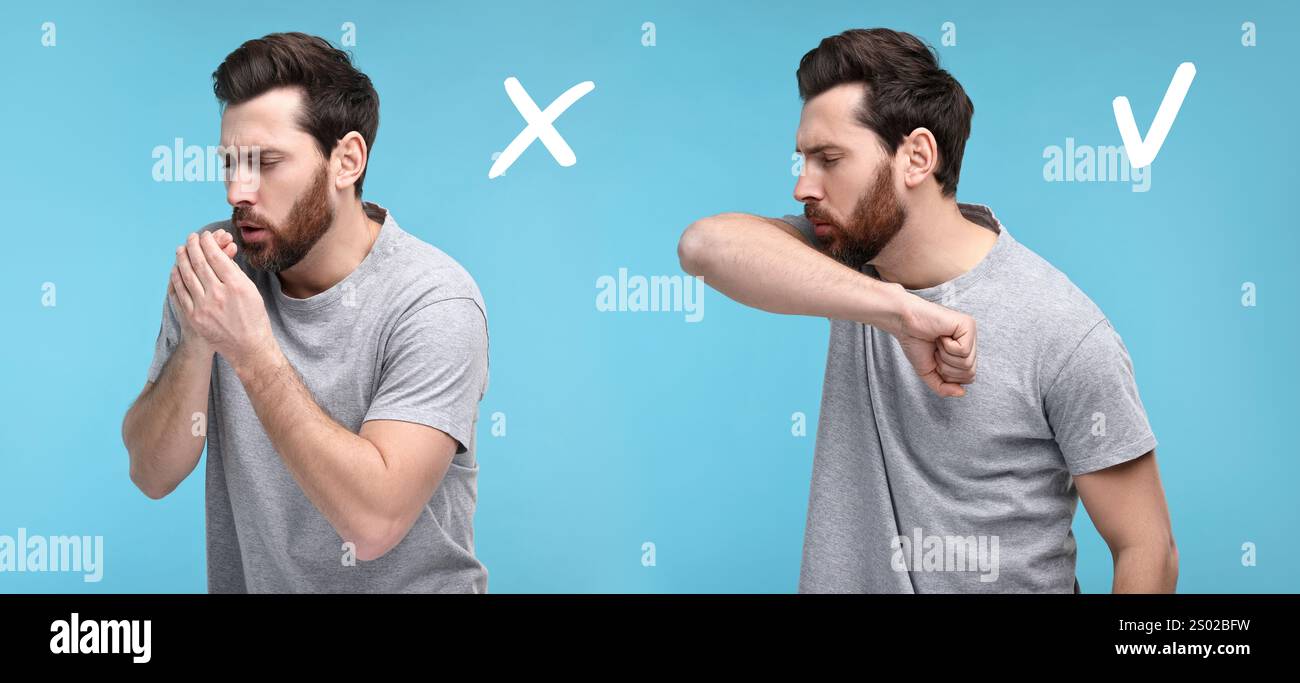 Cough etiquette, cover mouth with elbow to prevent disease spreading ...