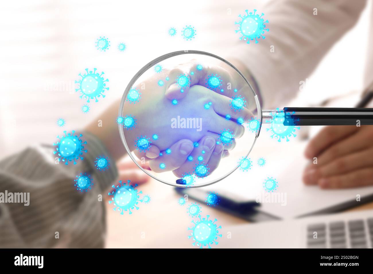 People shaking hands, closeup. Pathogens transmission, illustration of ...