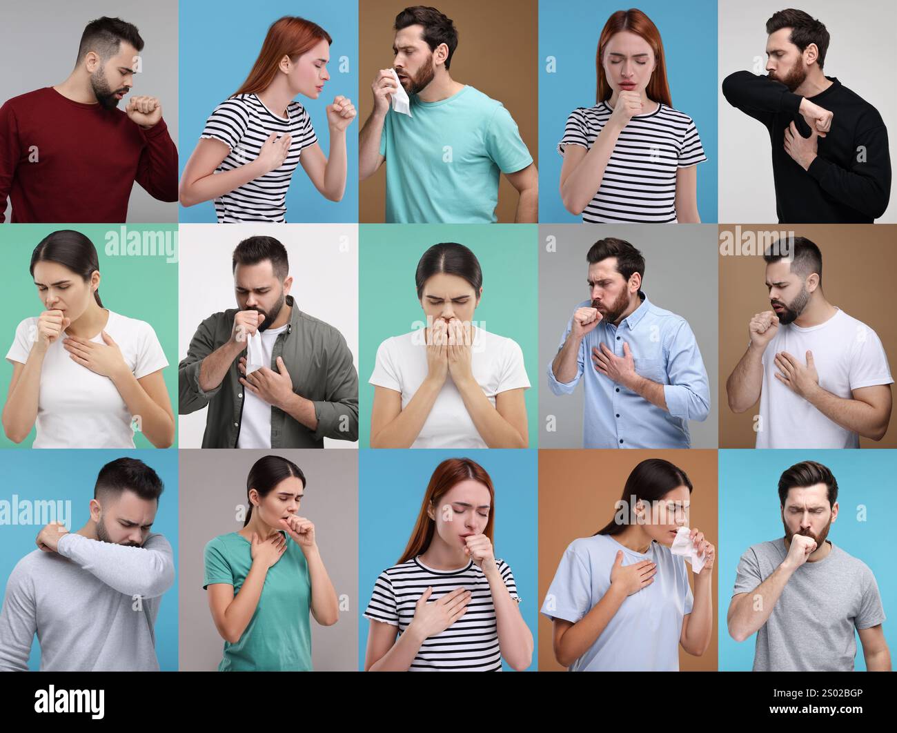 People coughing. Set of portraits on different colors backgrounds Stock ...