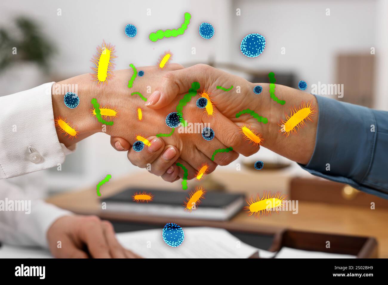 People shaking hands, closeup. Pathogens transmission, illustration of ...