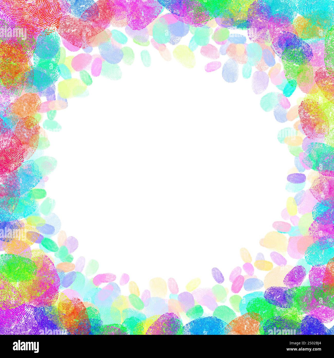 Fingerprints of different colors on white background. Frame with space ...