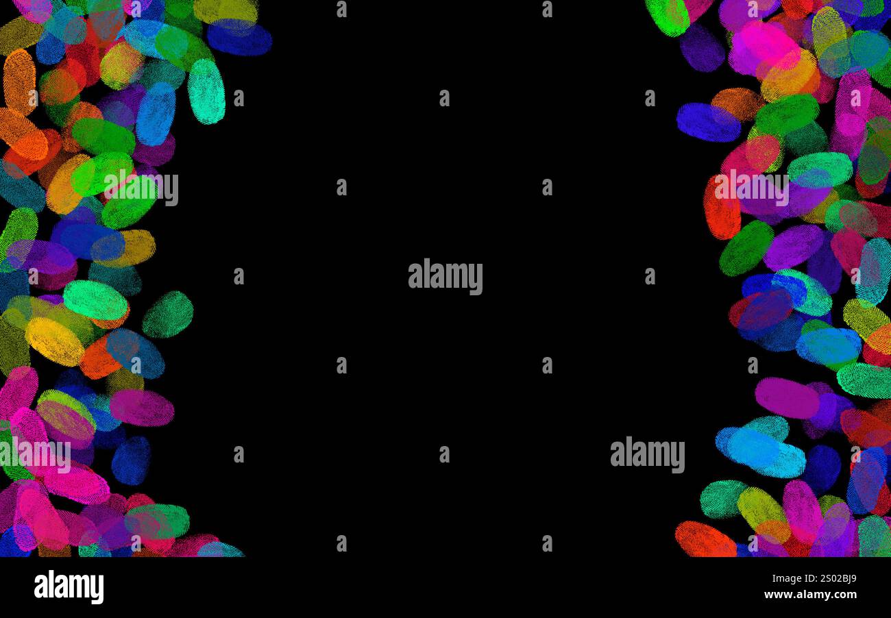 Fingerprints of different colors on black background. Frame with space ...
