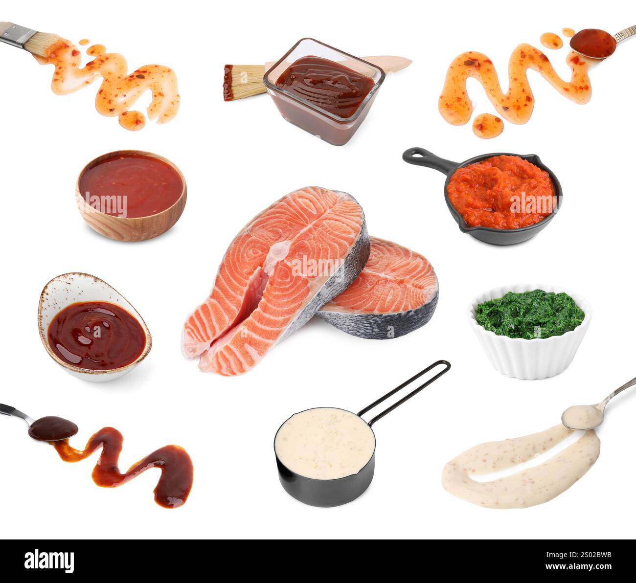 Different types of red fish marinade and salmon steaks on white ...