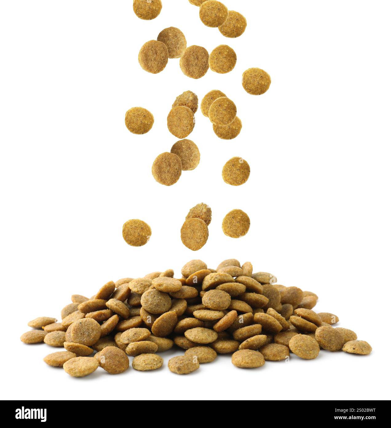Dry pet food falling onto heap on white background Stock Photo - Alamy