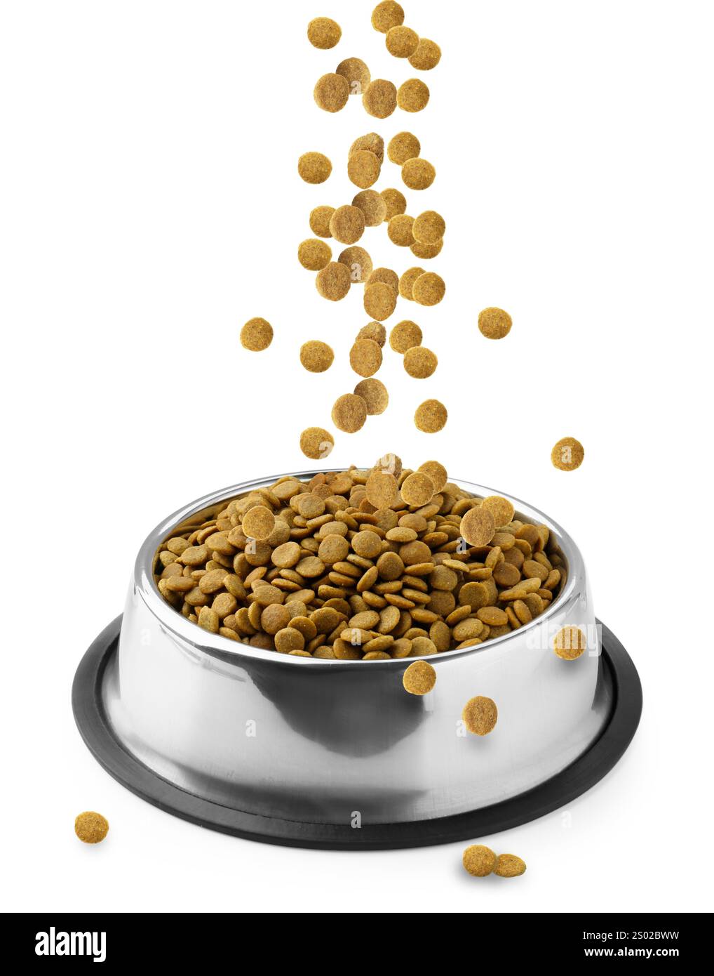 Dry pet food falling into bowl on white background Stock Photo - Alamy