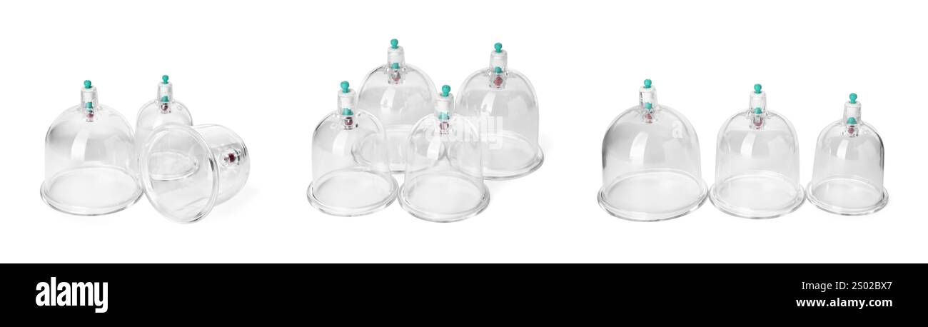 Cupping therapy. Plastic cups isolated on white, collage Stock Photo ...