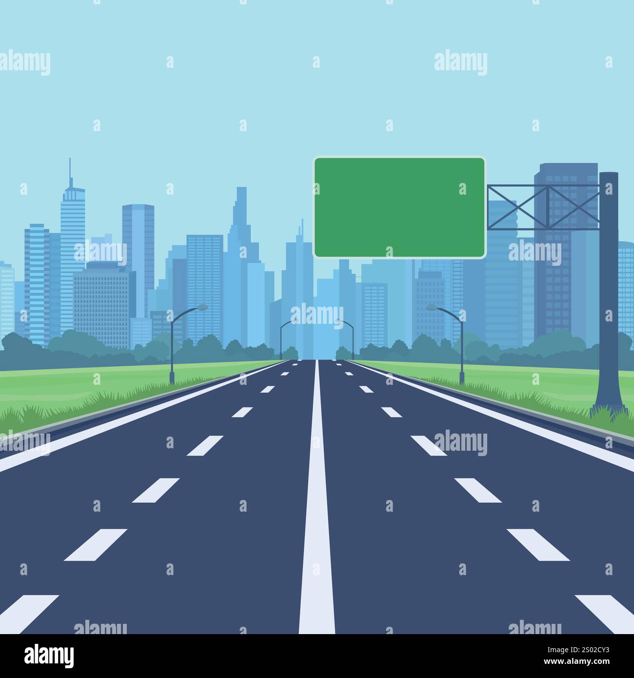 Flat Vector Highway Entering Modern City With Skyscrapers. Scenic Urban ...