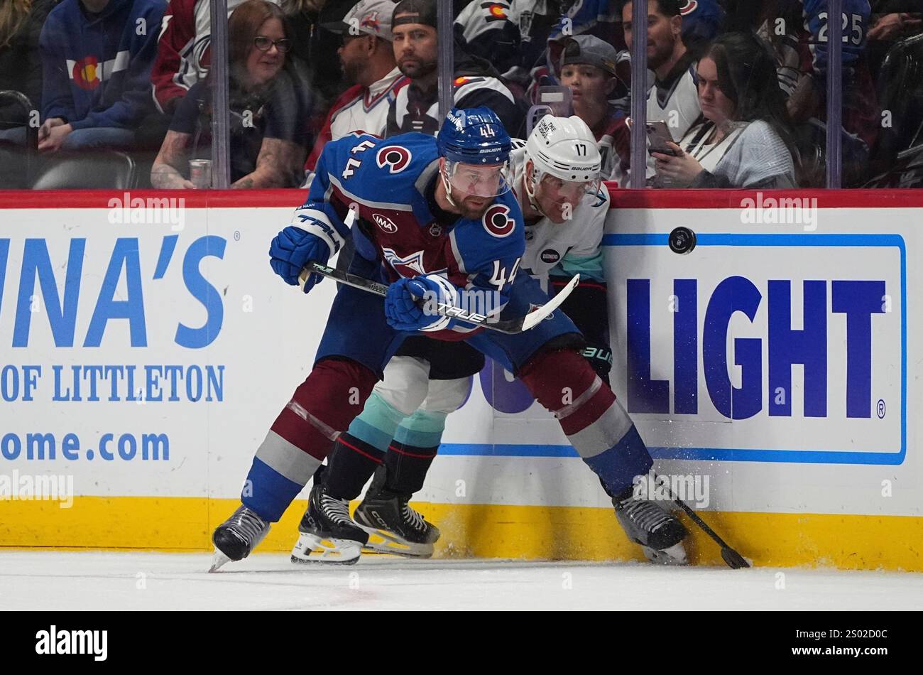 Colorado Avalanche defenseman Calvin de Haan (44) and Seattle Kraken ...