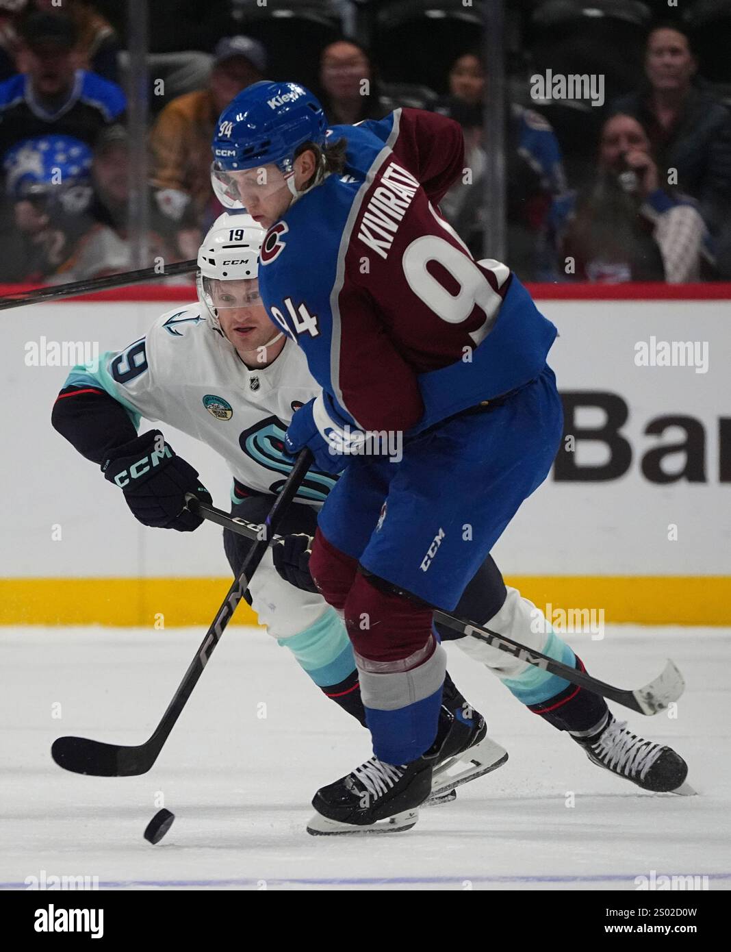 Colorado Avalanche left wing Joel Kiviranta (94) and Seattle Kraken ...