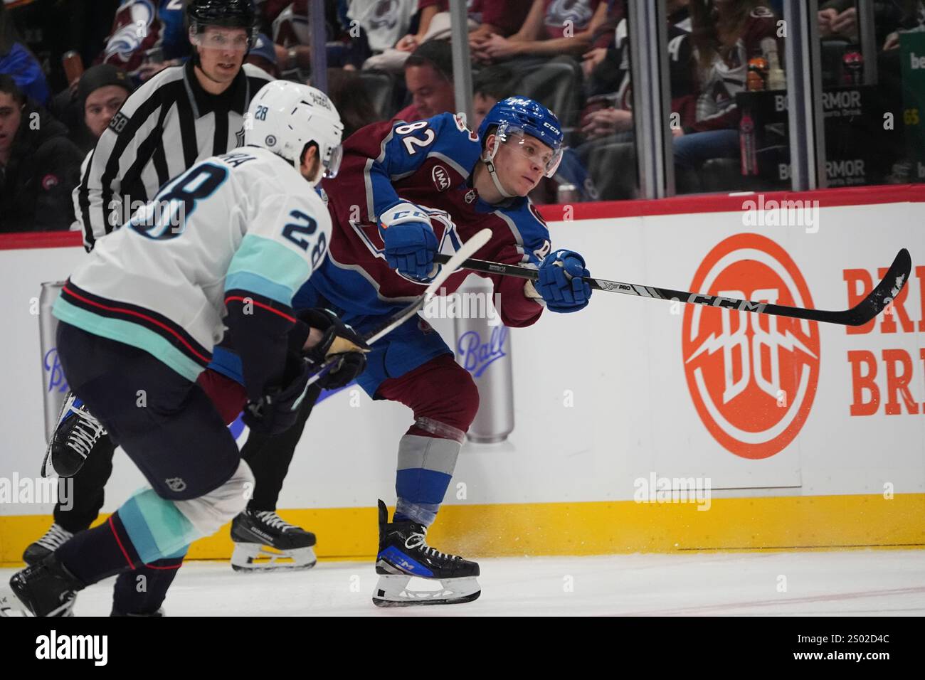 Colorado Avalanche center Ivan Ivan (82) shoots the puck as Seattle Kraken defenseman Joshua ...
