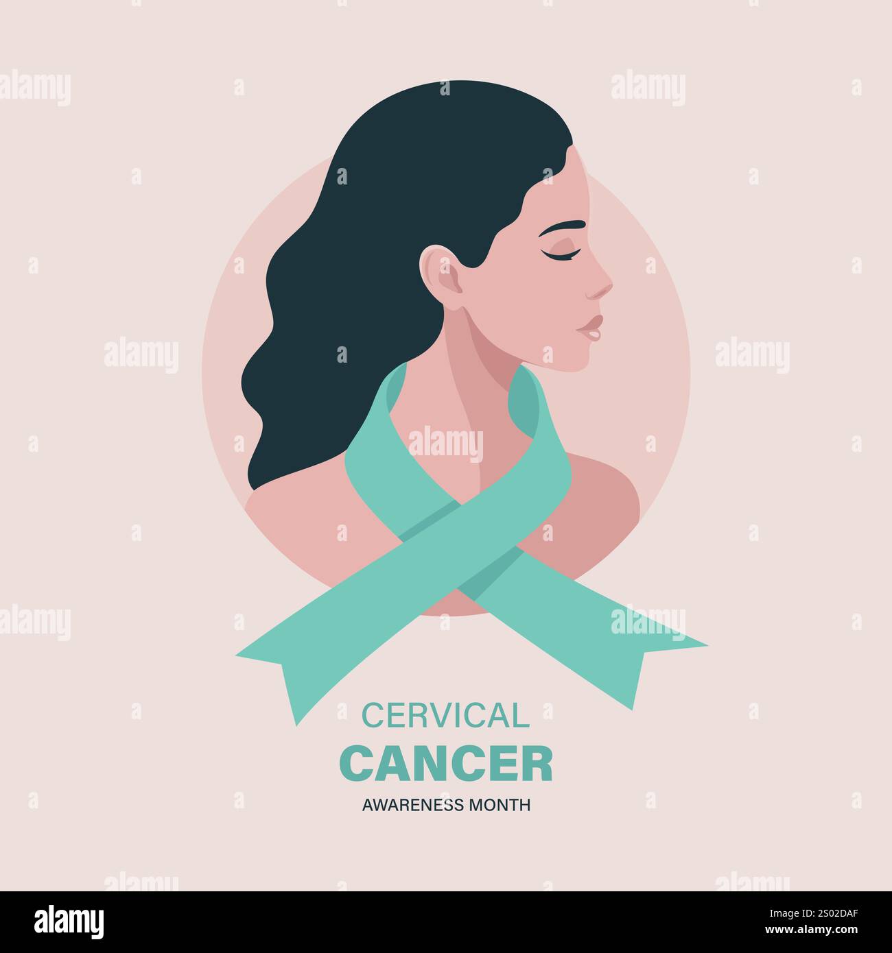January Cervical Cancer Awareness Month. Portrait Of Young Woman Wearing Teal Ribbon Scarf ...