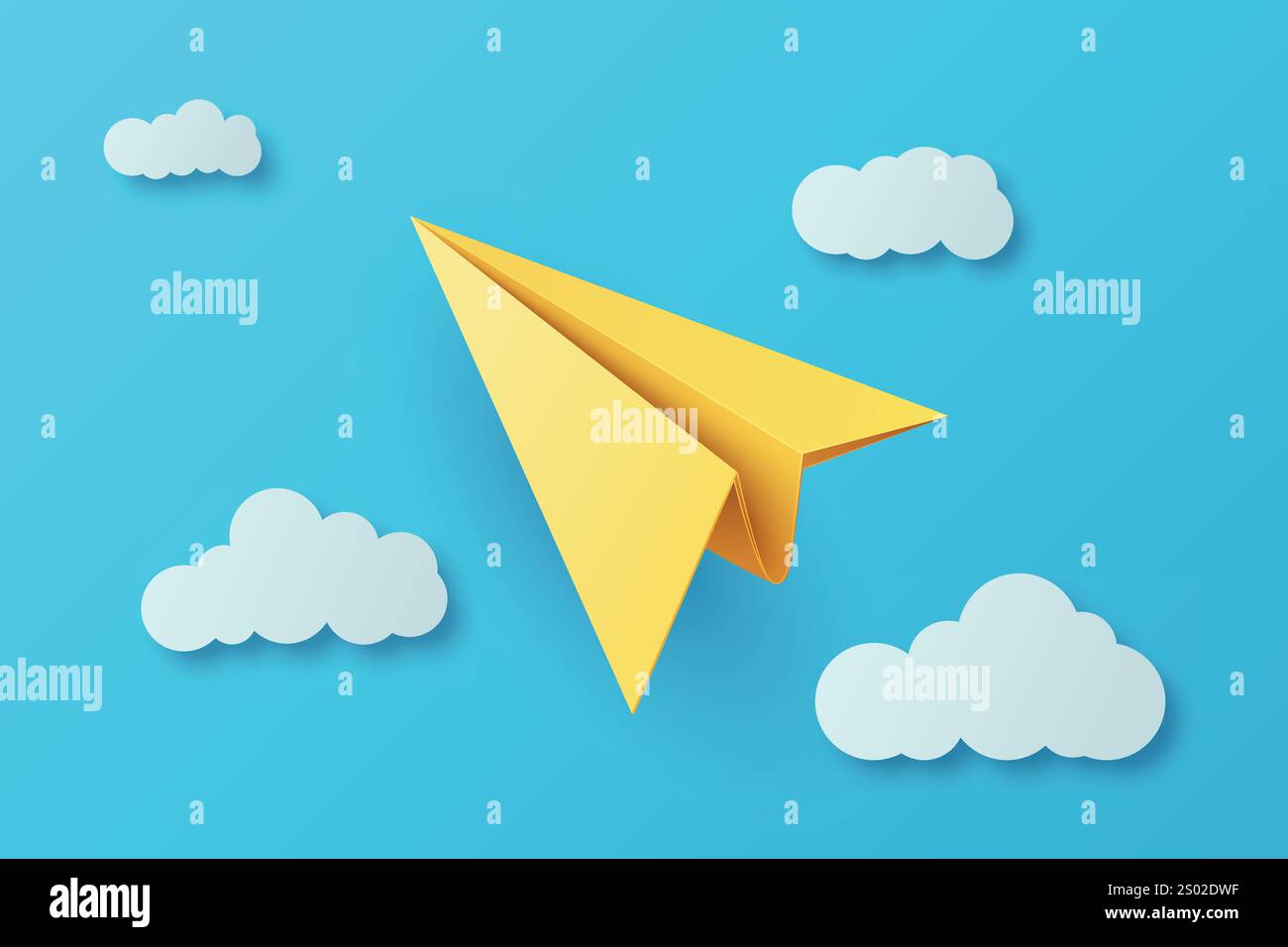Realistic Yellow Paper Airplane Flying in Blue Sky with Shadowed Paper Clouds. Conceptual Flight ...