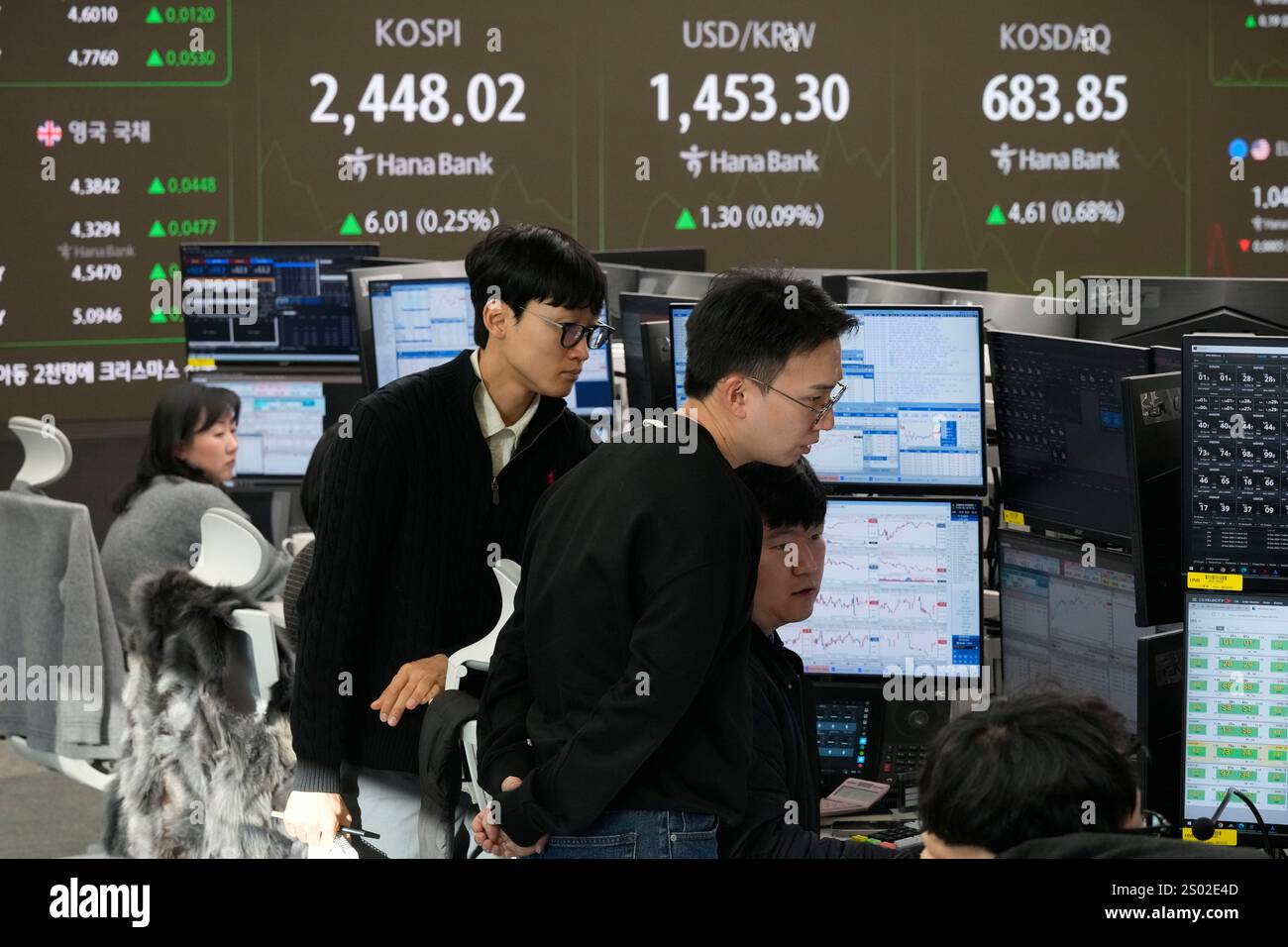 Currency traders watch monitors near a screen showing the Korea ...