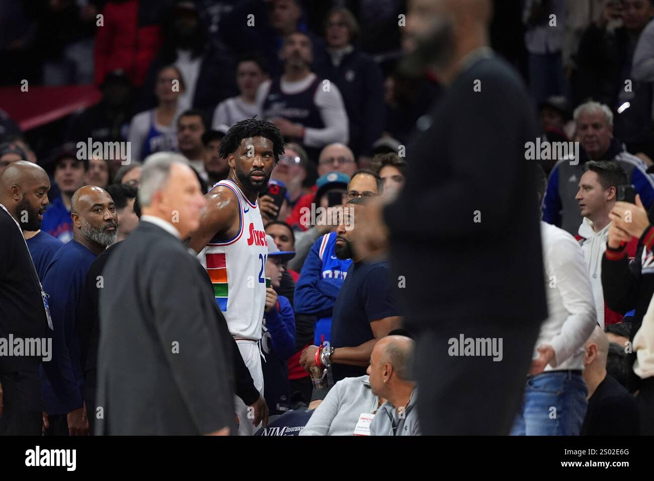Philadelphia 76ers' Joel Embiid glares after being ejected by official ...