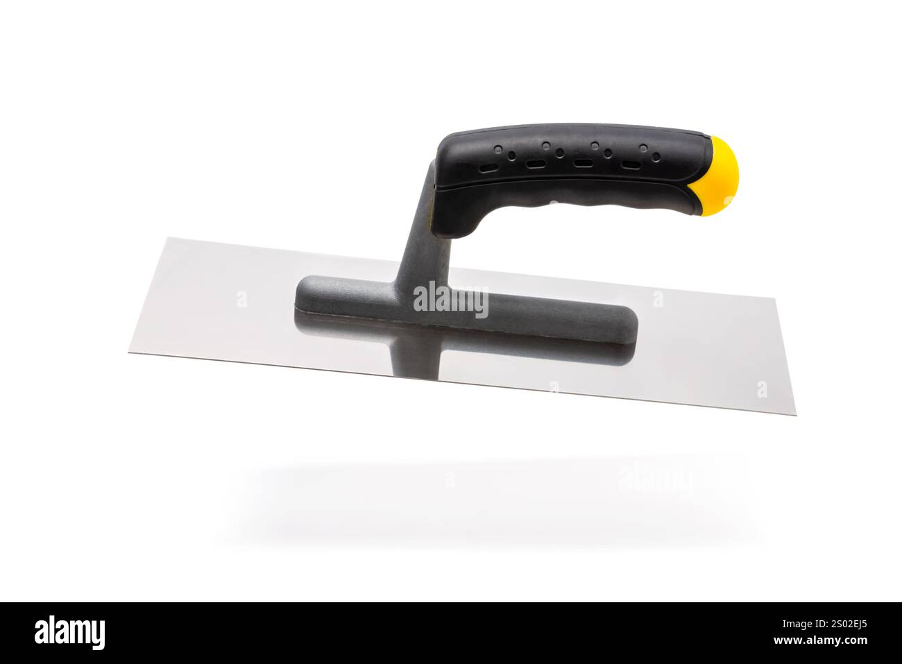 Trowel with black-yellow handle to the smoothing of plaster isolated on ...