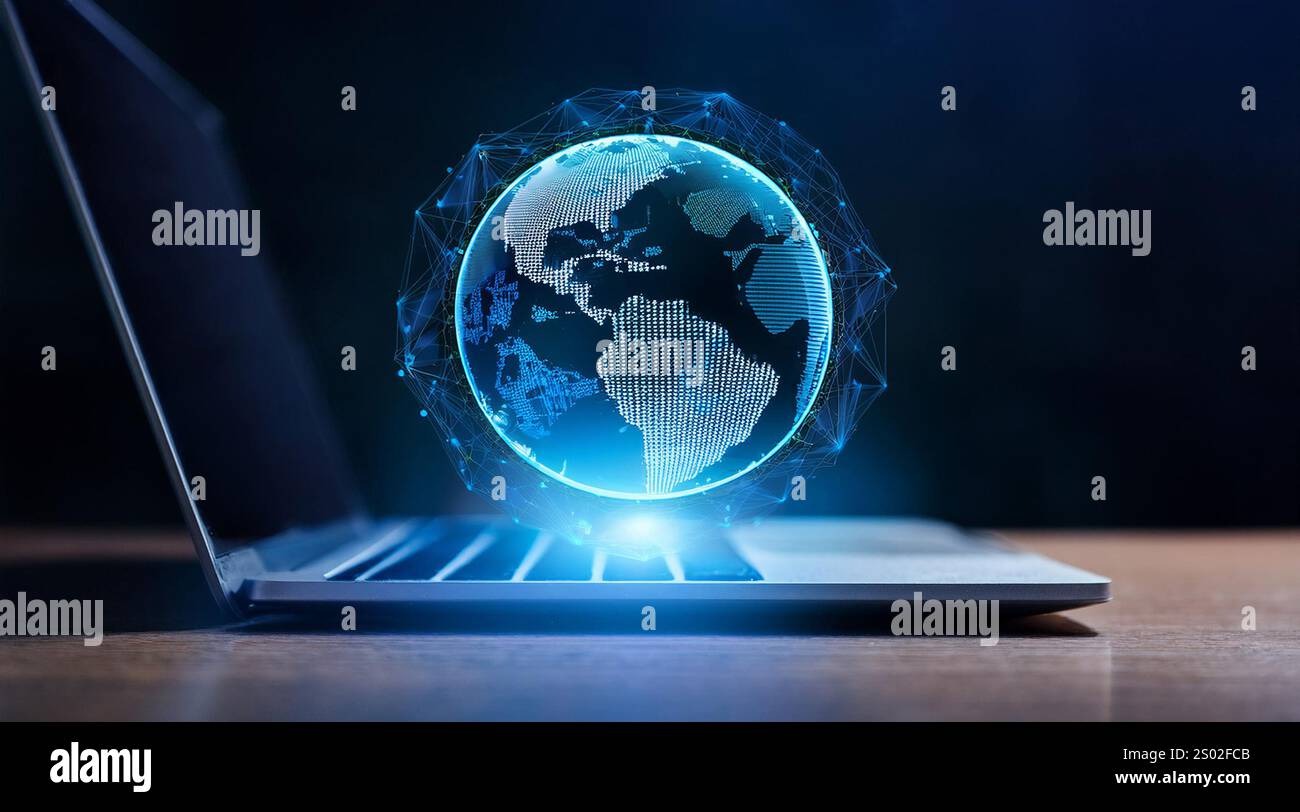 Ball of the world coming out of a computer, technology, digitization ...