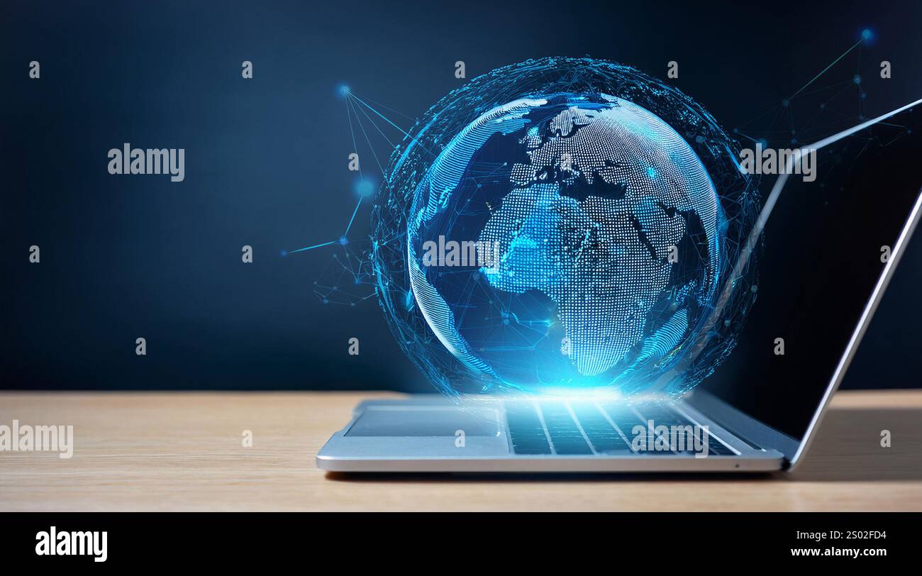 Ball of the world coming out of a computer, technology, digitization ...