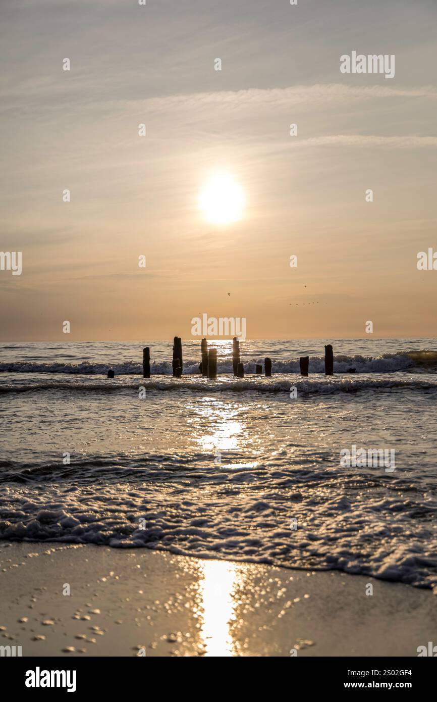 broadways sea at the sunset with eroded wood poles from walkway in the ...