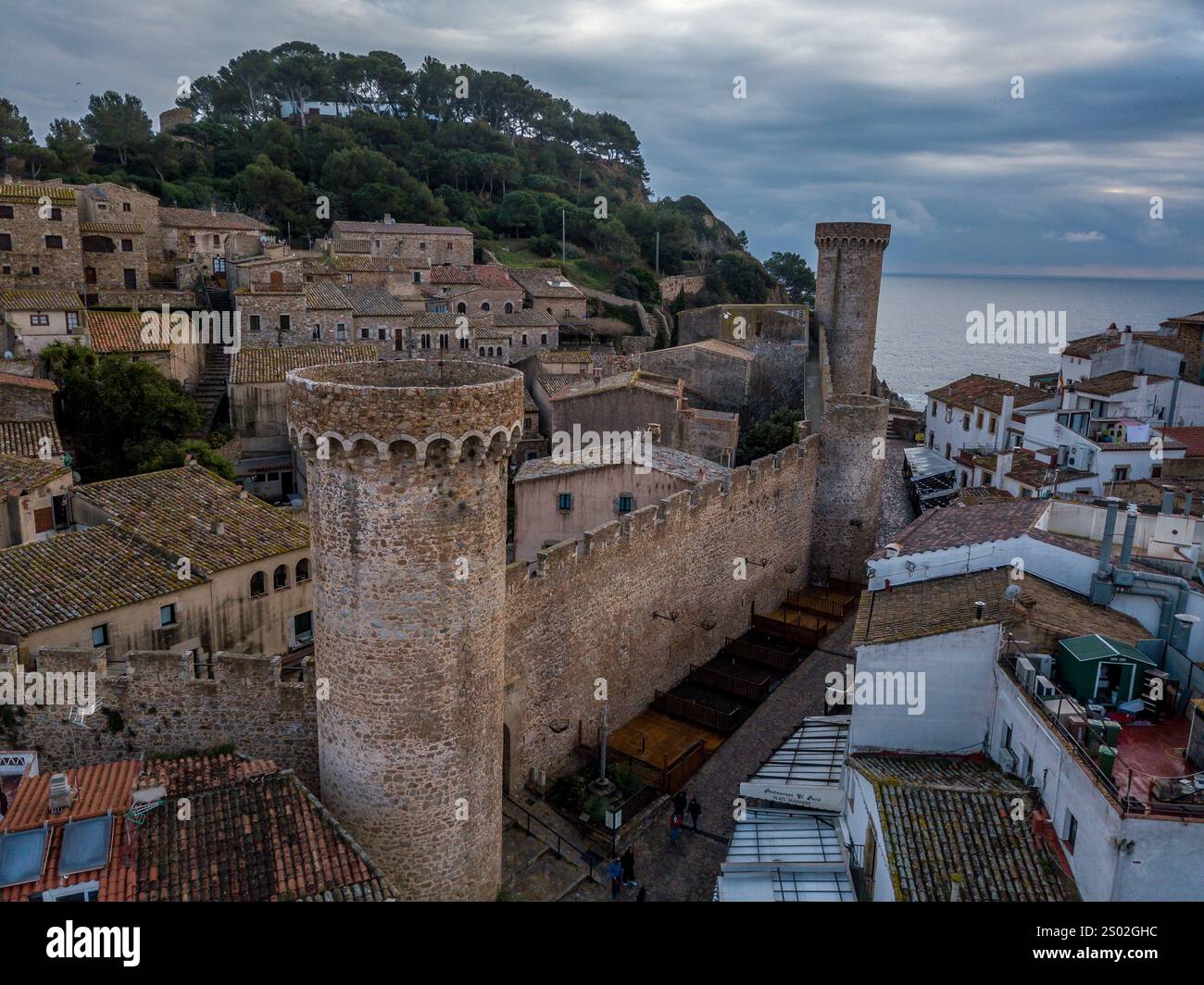 Aerial view of Tossa de Mar walled medieval town on the Costa Brava ...