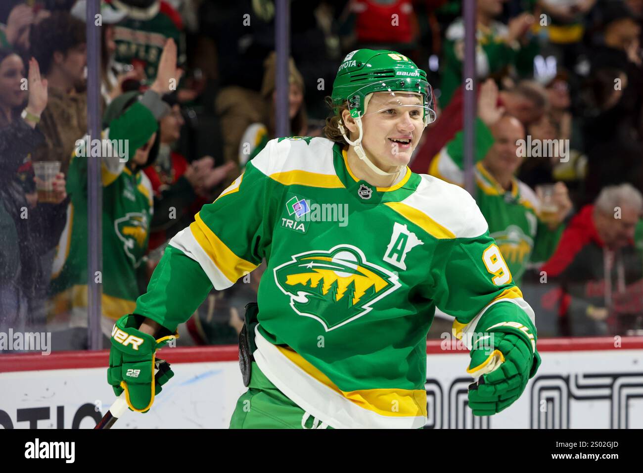 Minnesota Wild left wing Kirill Kaprizov (97) celebrates after scoring ...