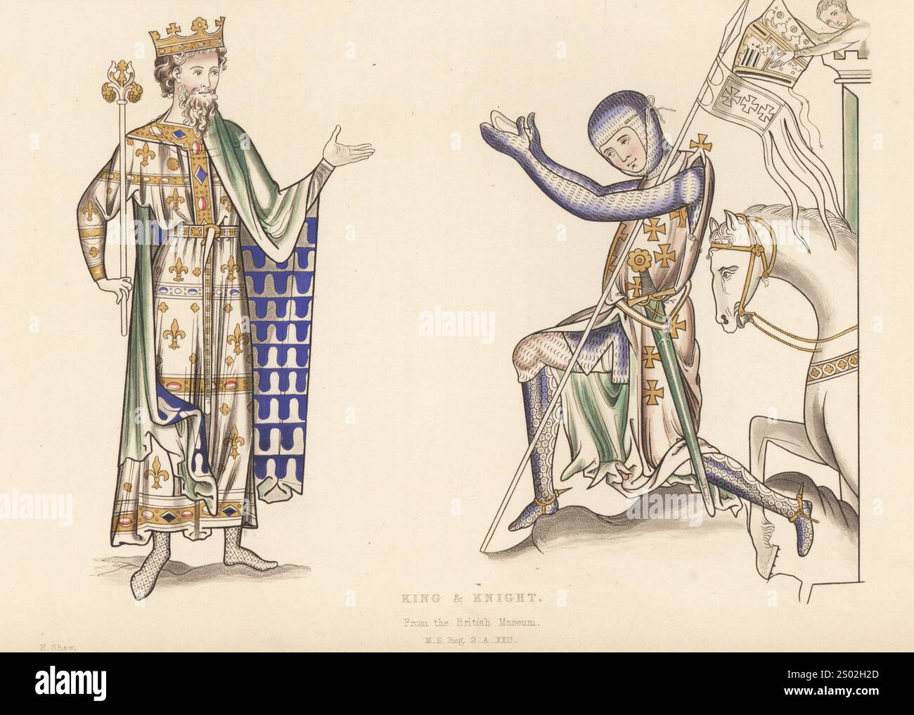 King and Crusdater Knight, 12th century. King in long mantle over a ...