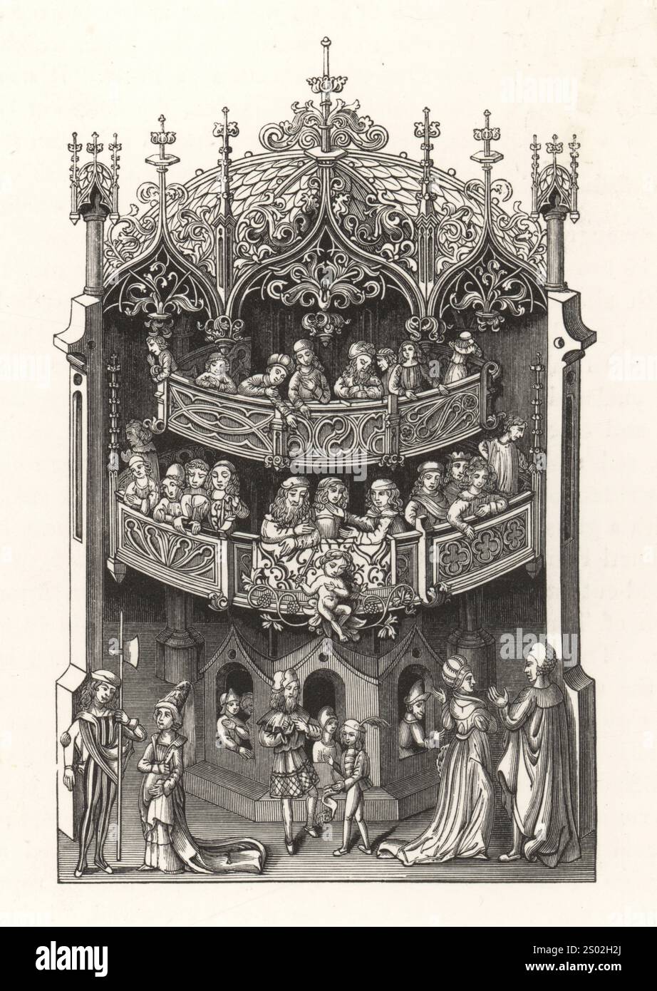 German theatre scene with actors performing before an audience in box ...