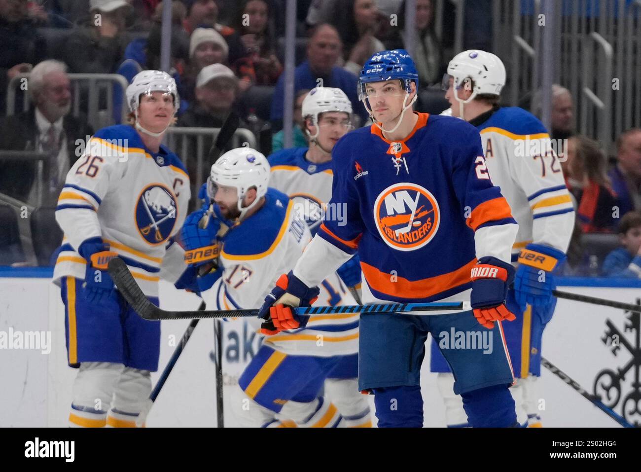 New York Islanders' Scott Mayfield (24) reacts as Buffalo Sabres' Jason ...