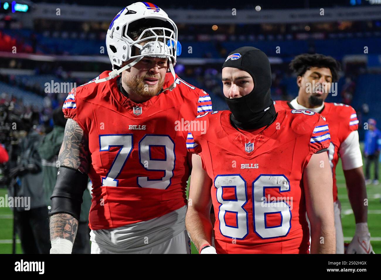 Buffalo Bills tackle Spencer Brown (79) and tight end Dalton Kincaid ...