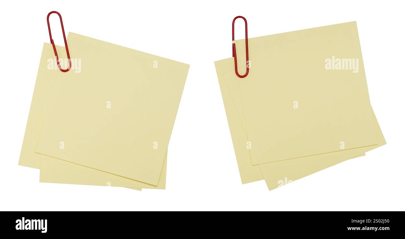 Blank post it note with green paper clip isolated on white. Yellow ...