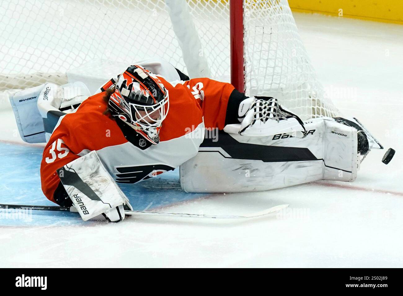 Philadelphia Flyers goaltender Aleksei Kolosov makes a save during the ...
