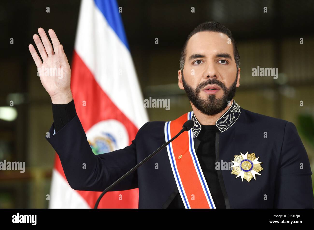 FILE - El Salvador President Nayib Bukele speaks after receiving Costa ...