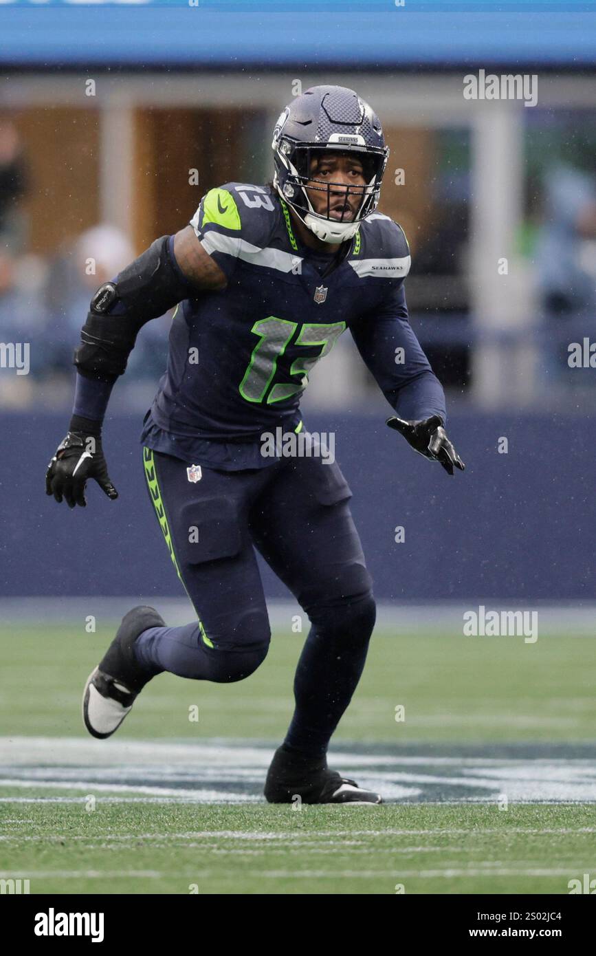 Seattle Seahawks linebacker Ernest Jones IV (13) follows the play ...