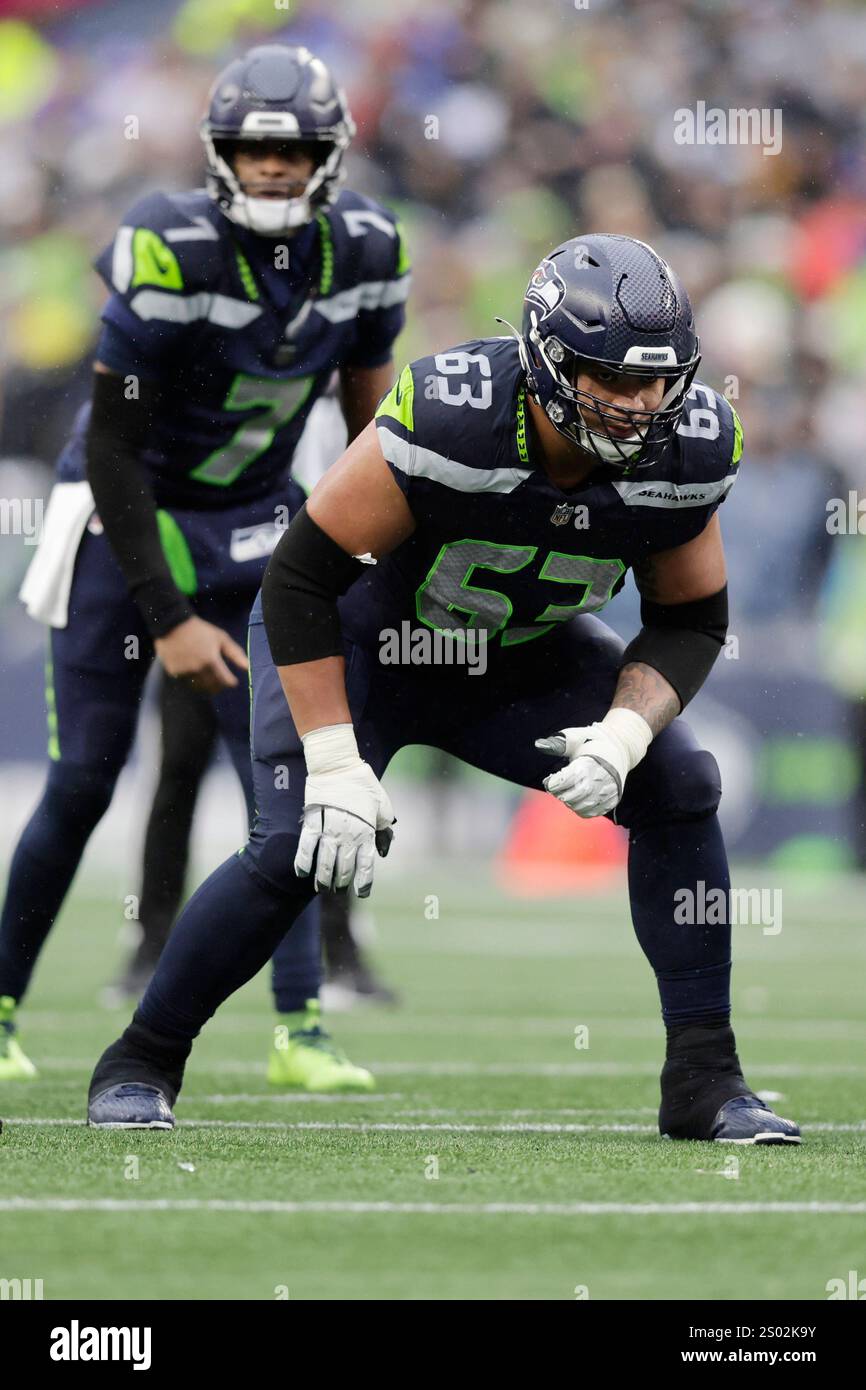 Seattle Seahawks offensive tackle Sataoa Laumea (63) lines up against ...