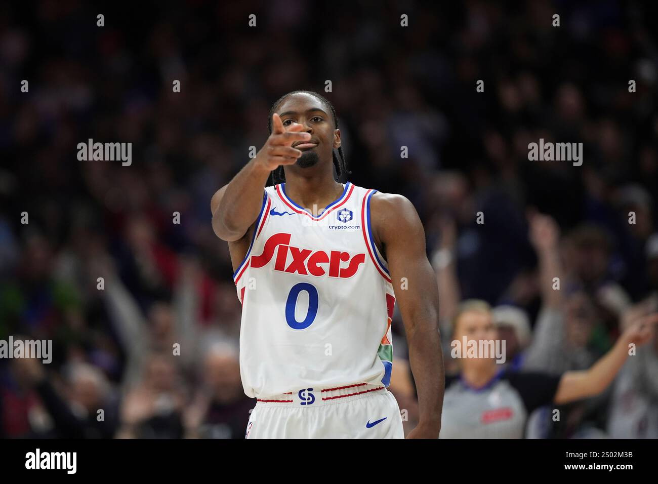 Philadelphia 76ers' Tyrese Maxey reacts during an NBA basketball game ...