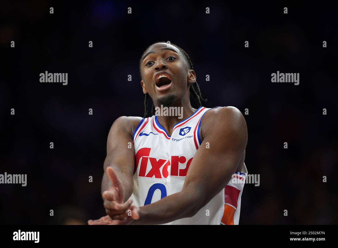 Philadelphia 76ers' Tyrese Maxey reacts during an NBA basketball game ...