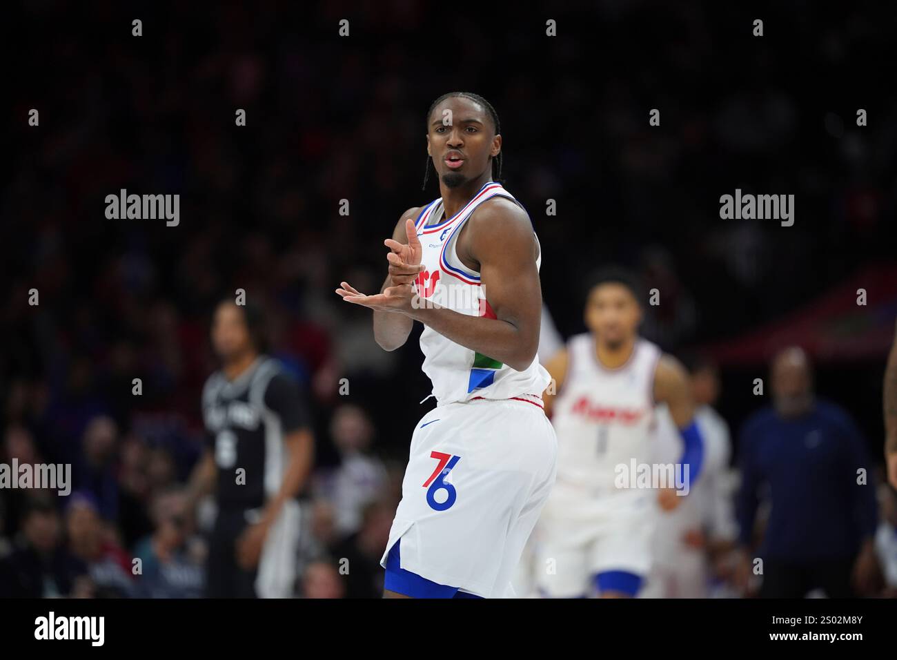 Philadelphia 76ers' Tyrese Maxey reacts during an NBA basketball game ...