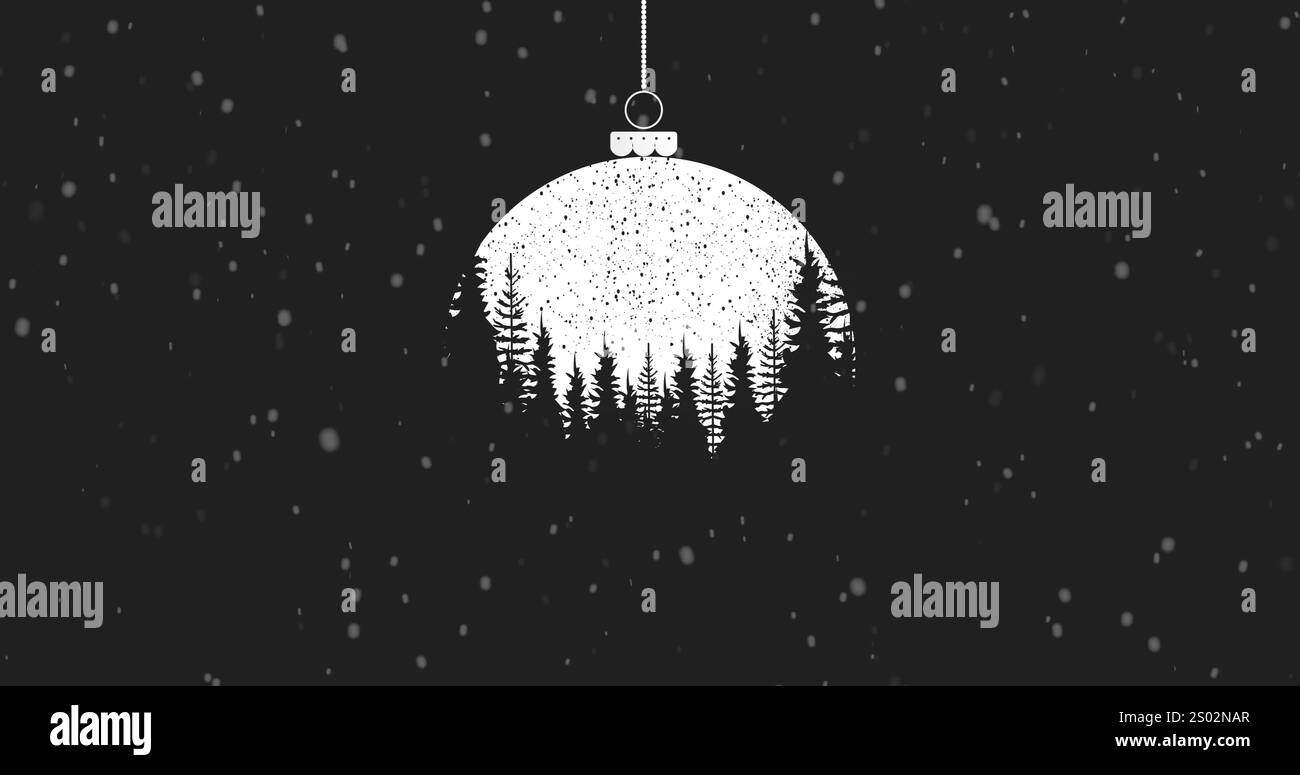 Image of dangling christmas bauble and decorations with snow falling ...