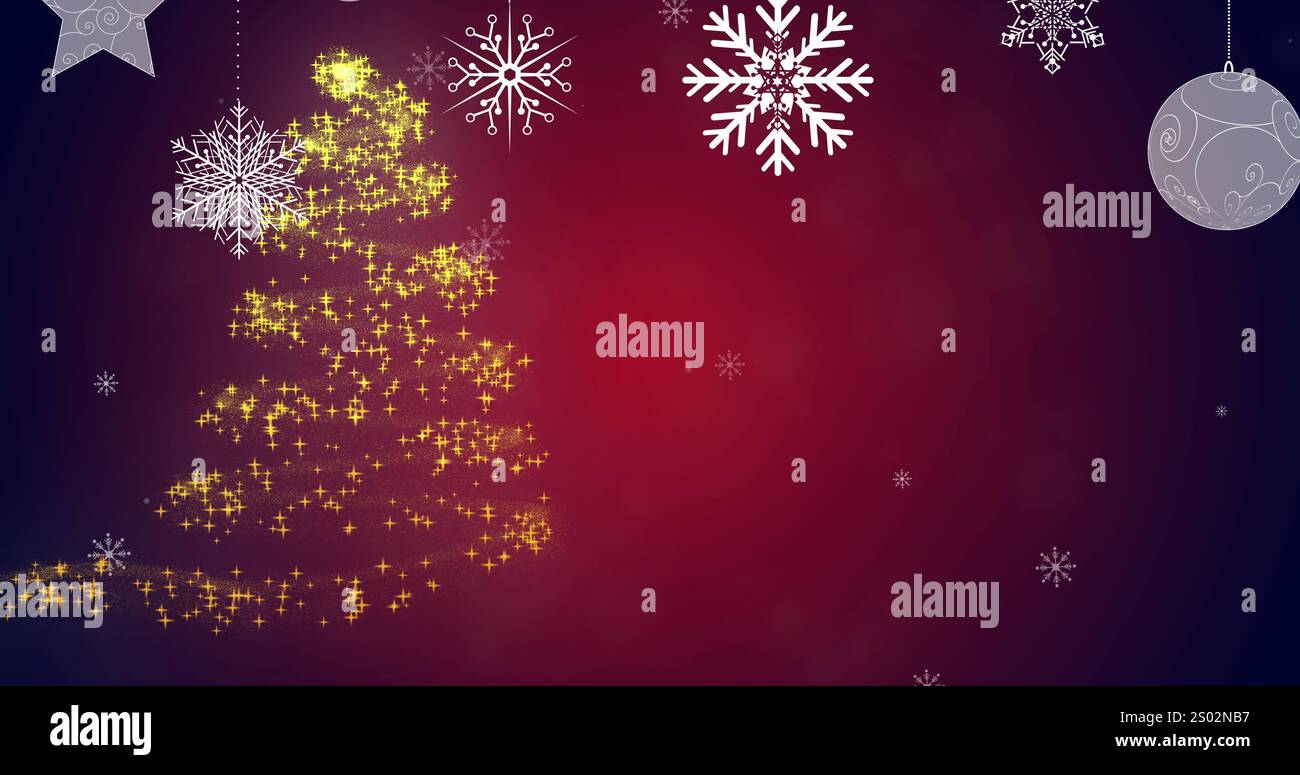 Image of shooting star christmas tree with decorations and snow falling ...