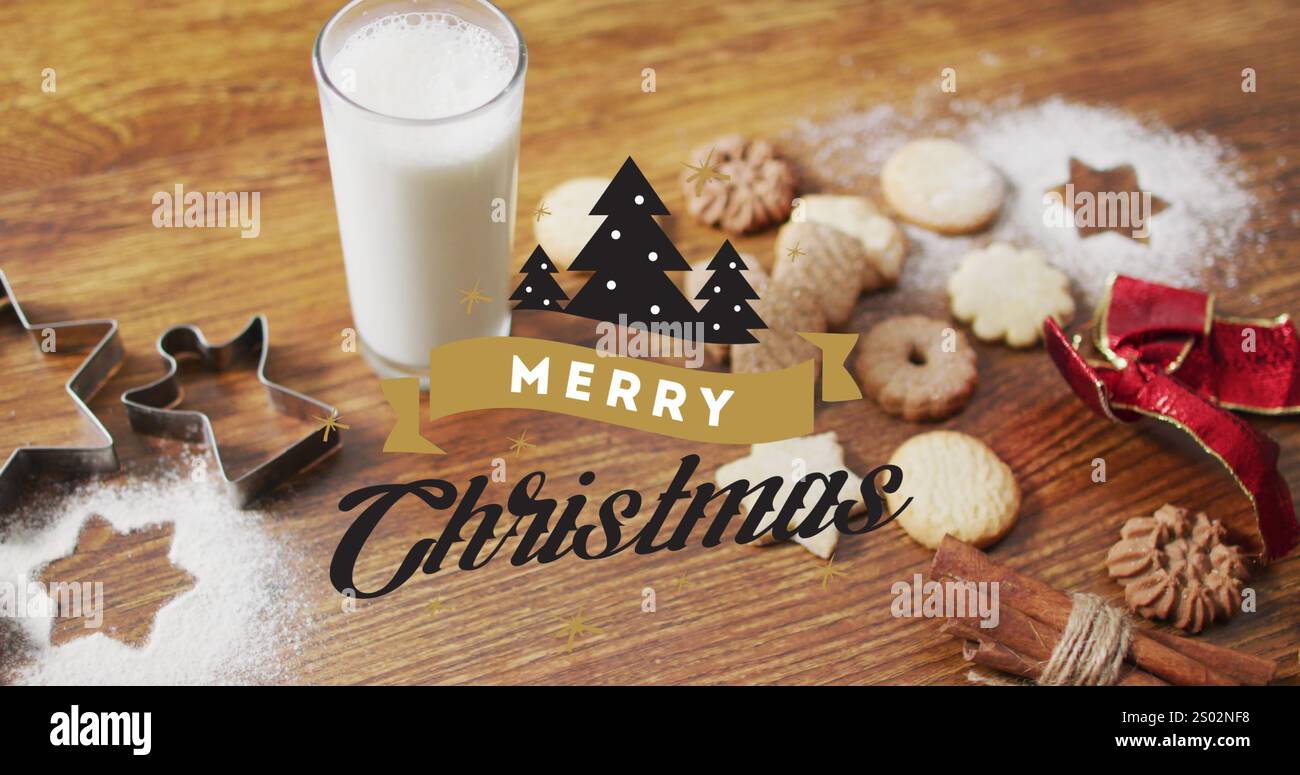 Image of merry christmas over cookies and decorations on wooden surface ...