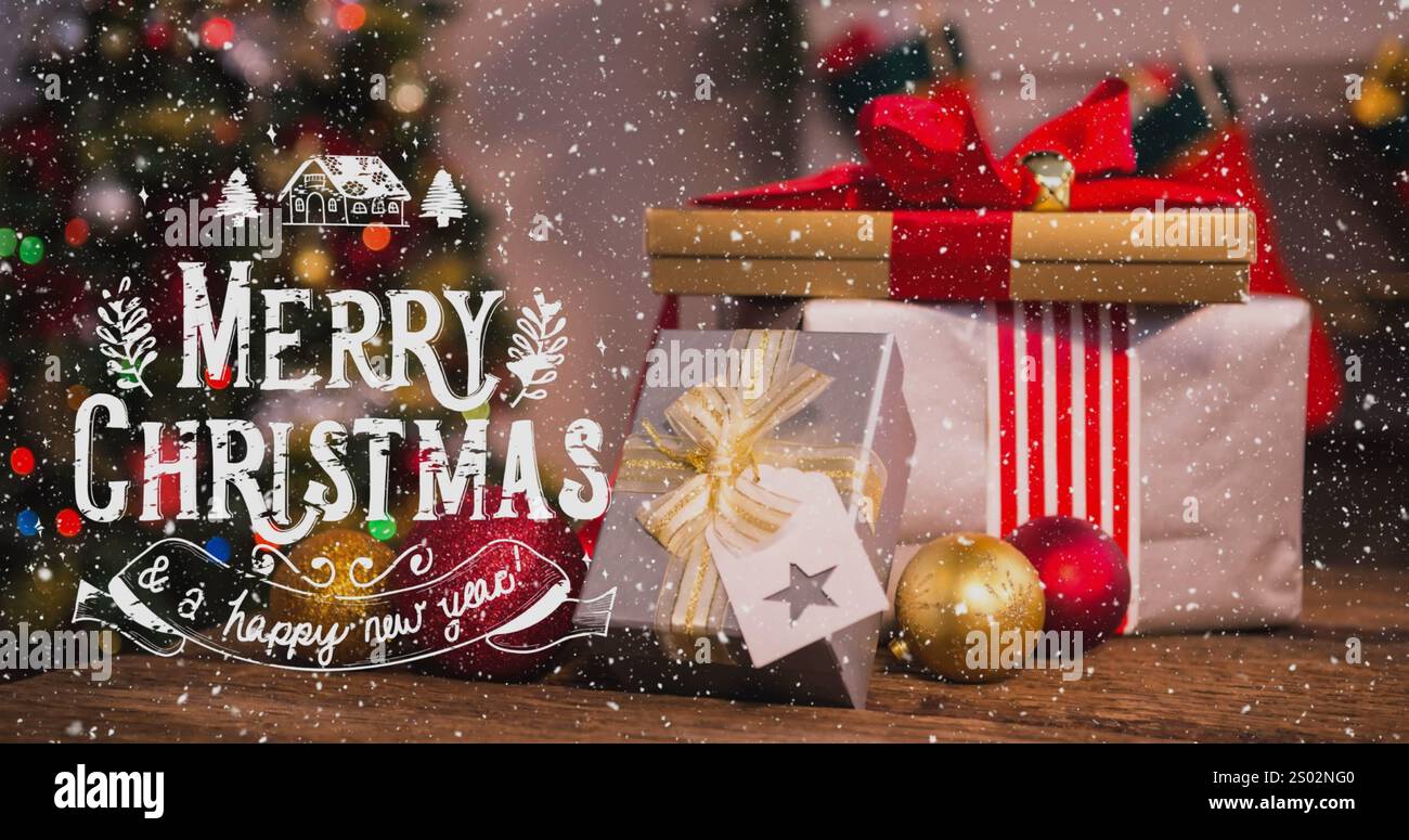 Image of christmas greetings text over snow falling and decorations ...