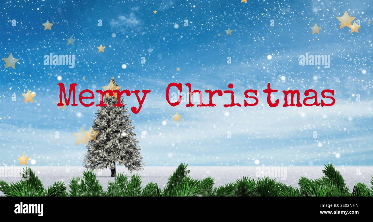 Image of happy christmas text over snow falling and sky with clouds ...