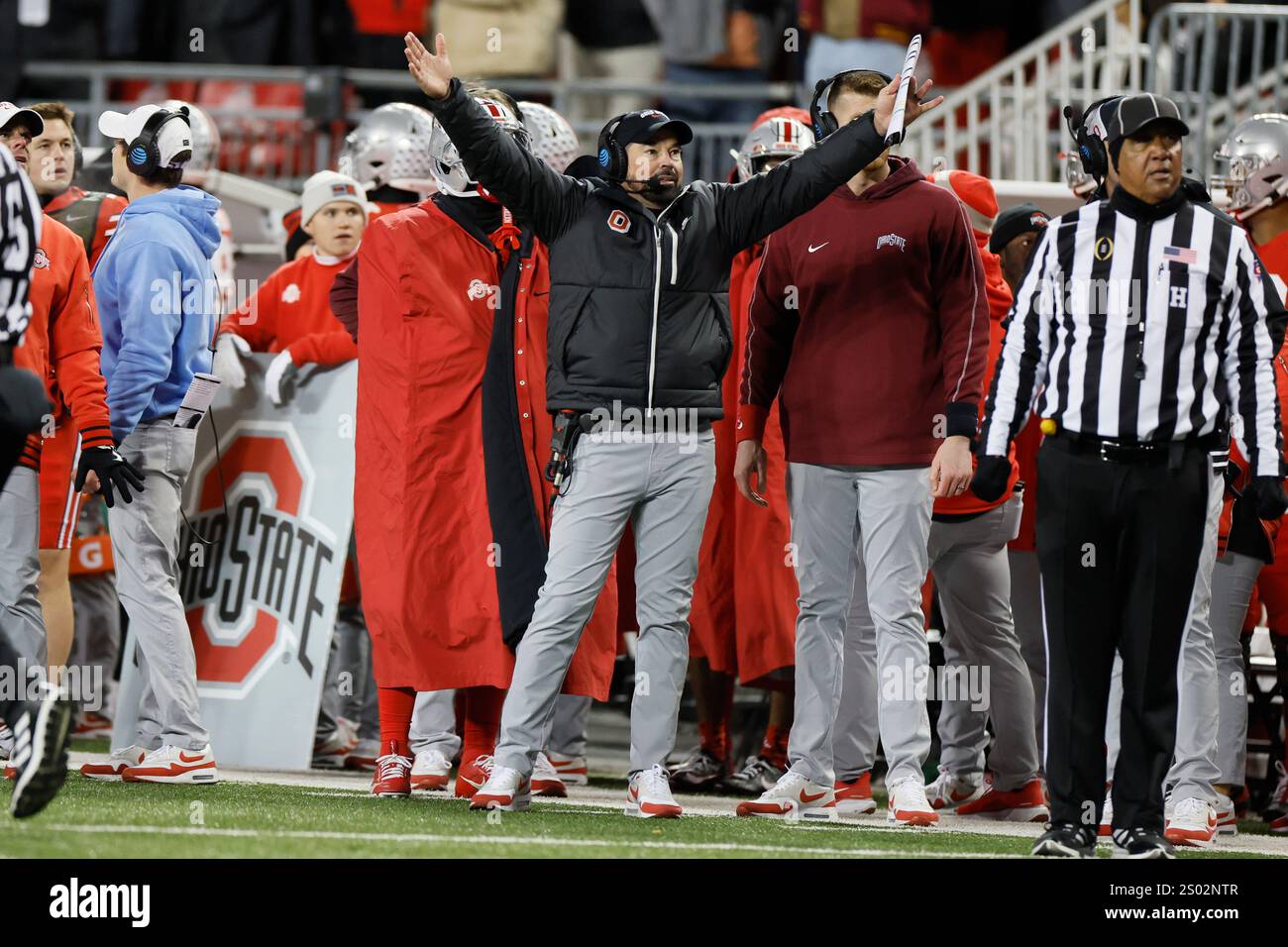 Ohio State head coach Ryan Day reacts to a video replay against ...
