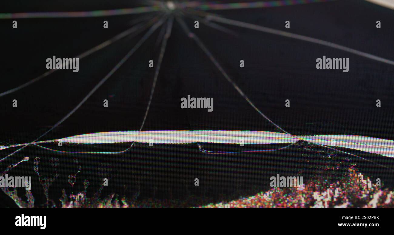 Crashed display. Failure artifacts. Black glass screen with damage ...